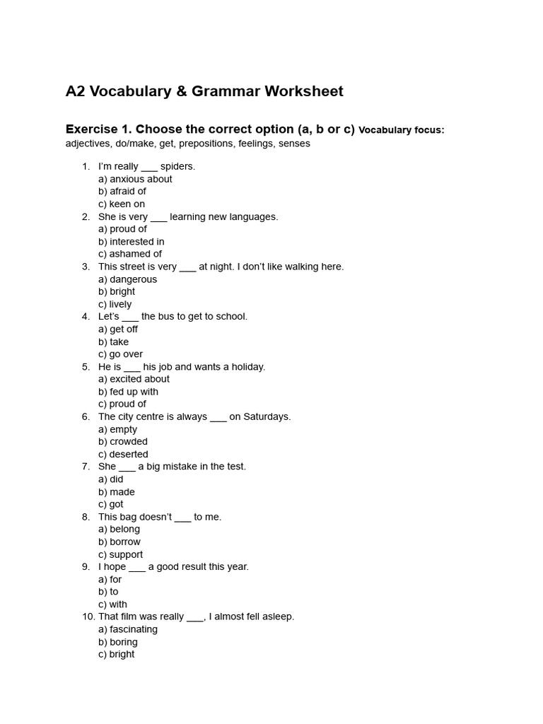 A2 Vocabulary & Grammar Worksheet Unit 1-2 | PDF | Linguistics