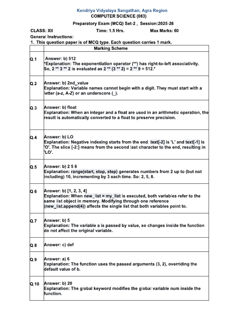 12 CS 2025-26 QP KV Agra Preparatory Exam Set 2 MS | PDF