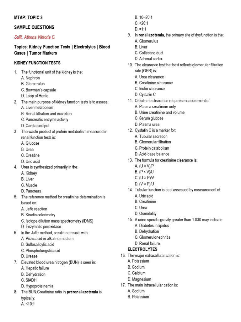 Mtap Topic 3 Sample Questions | PDF | Creatinine | Kidney