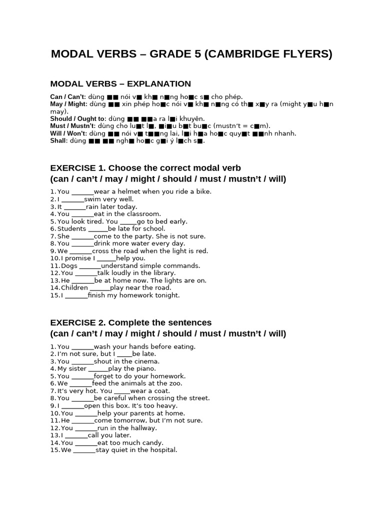 Modal Verbs Flyers Full Exercises | PDF