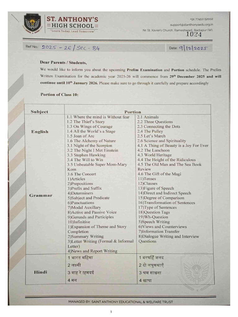 Prelim Examination and Portion - 10th STD | PDF