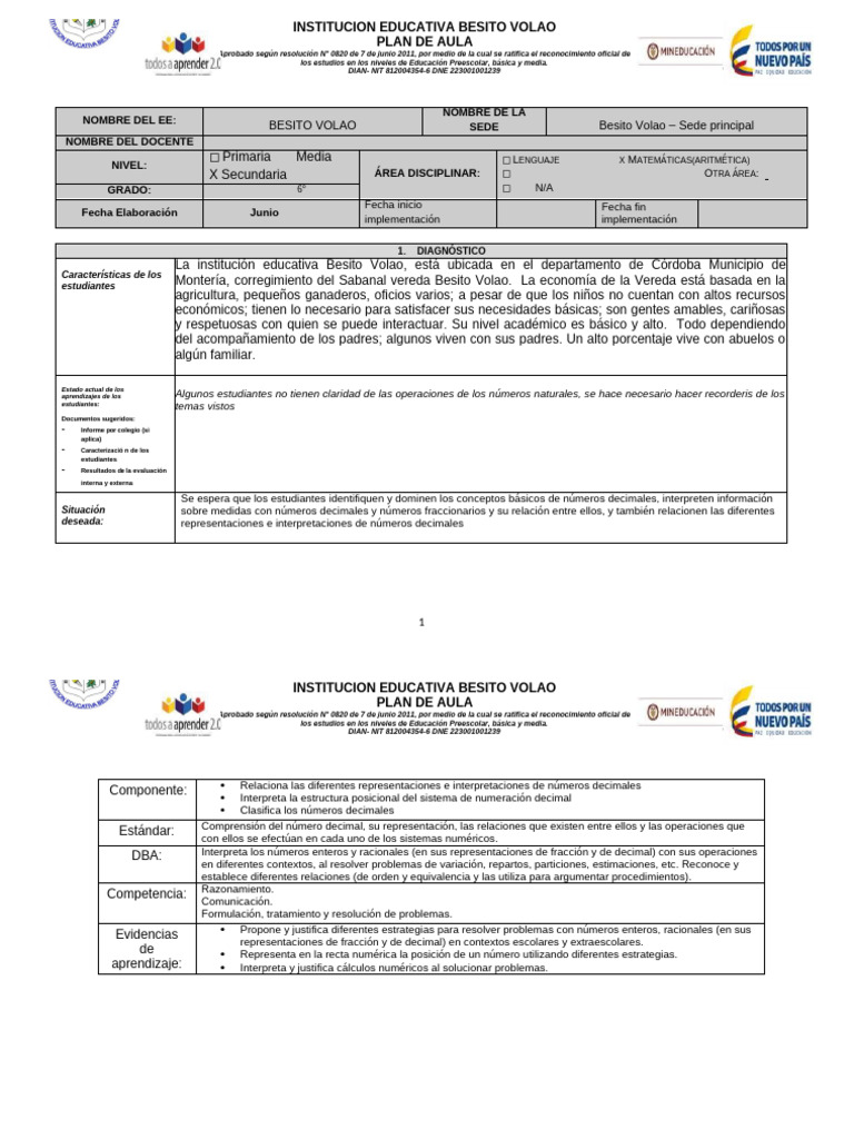 Formato Plan de Clase Numeros Decimales Grado 6 | PDF | Decimal ...