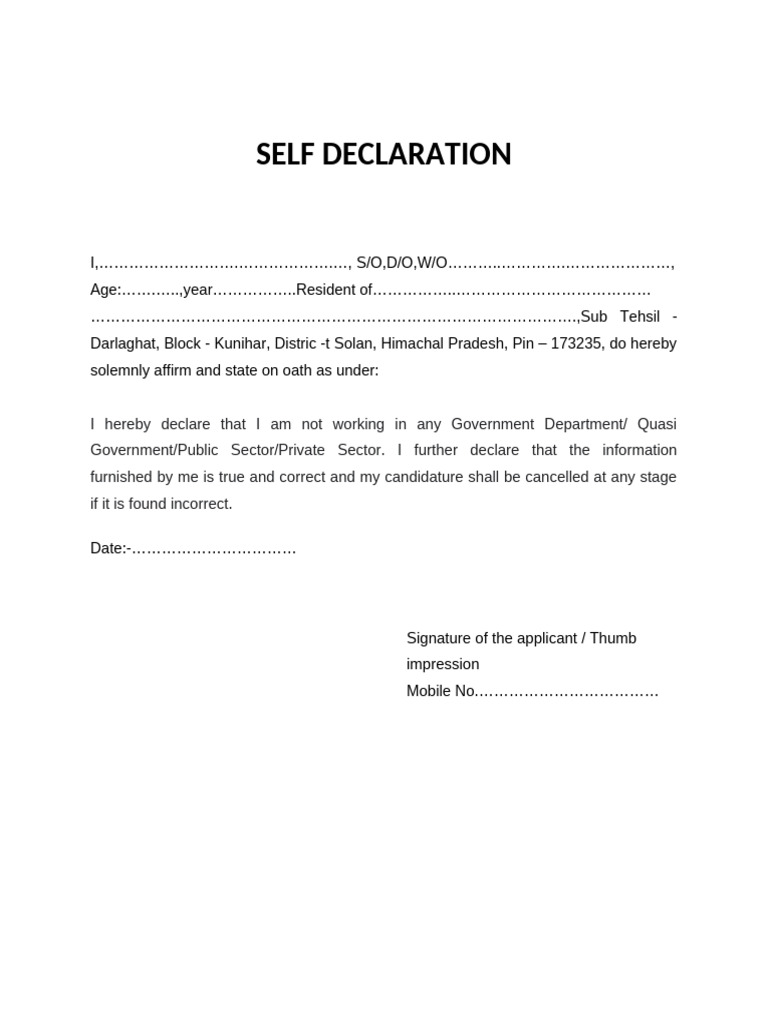 Self Declaration For Unemplyoment | PDF