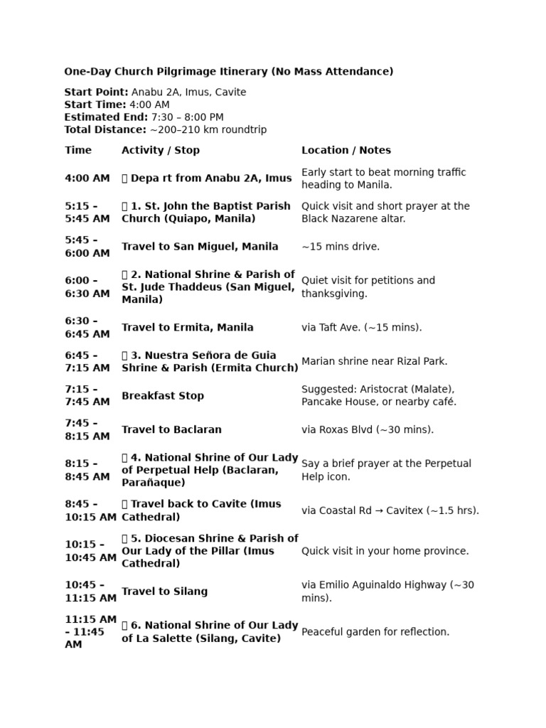 One-Day Church Pilgrimage Itinerary | PDF | Manila