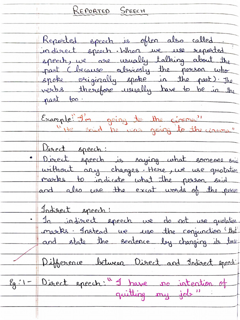 Reported Speech Handwritten Notes Grade 9 | PDF