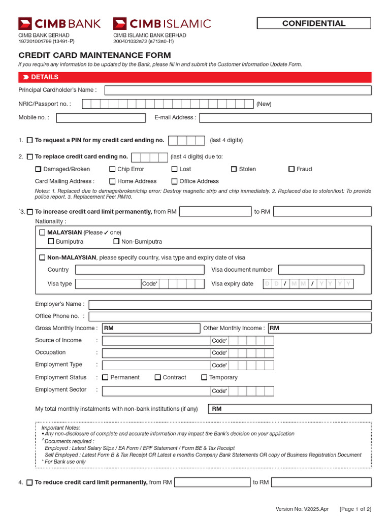 Credit Card Maintenance Form 2025 | PDF | Credit Card | Credit