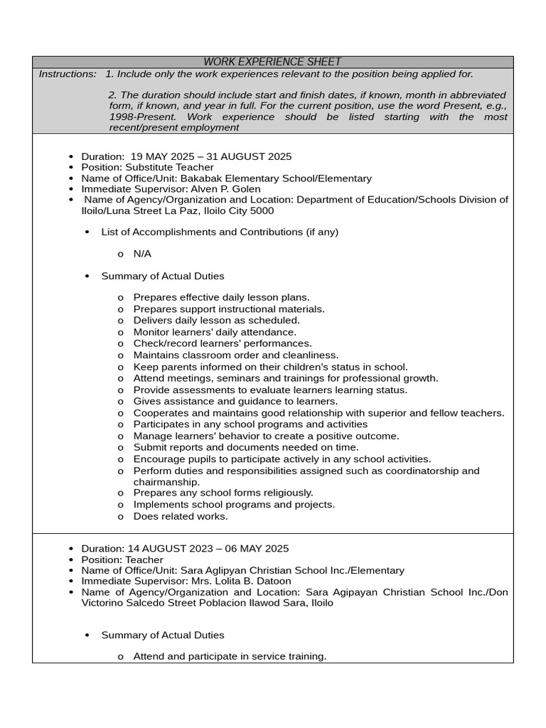 CS Form No. 212 Work Experience Sheet | PDF | Teachers | Learning