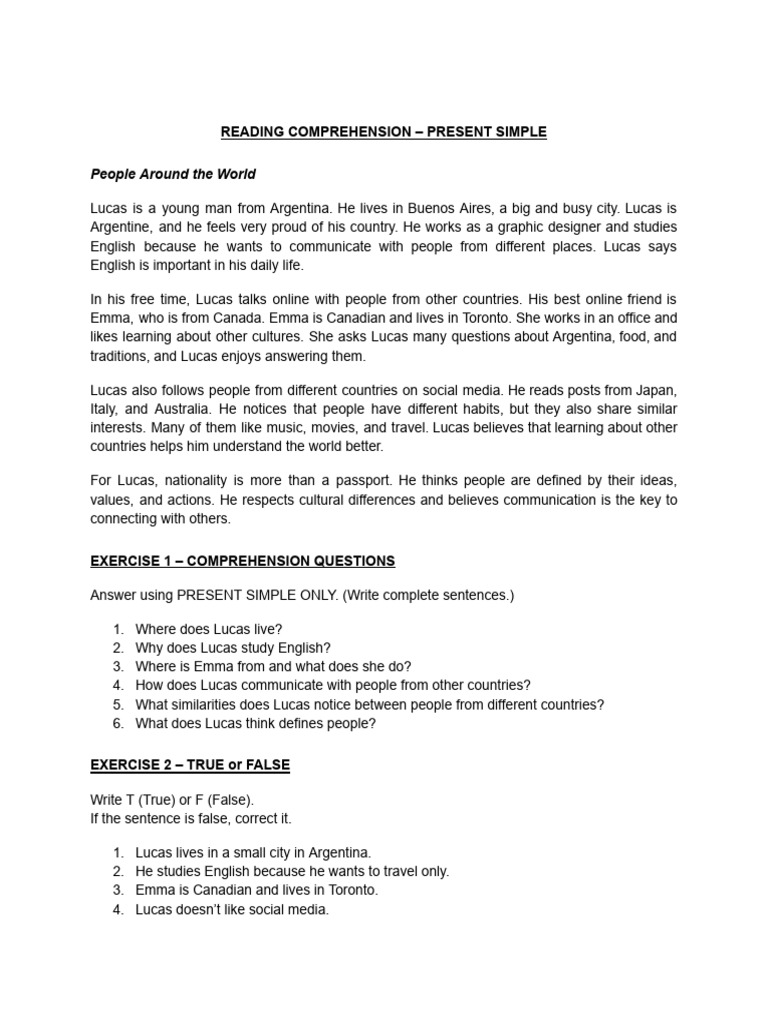 Reading Comprehension - Present Simple by Me! | PDF | Human ...