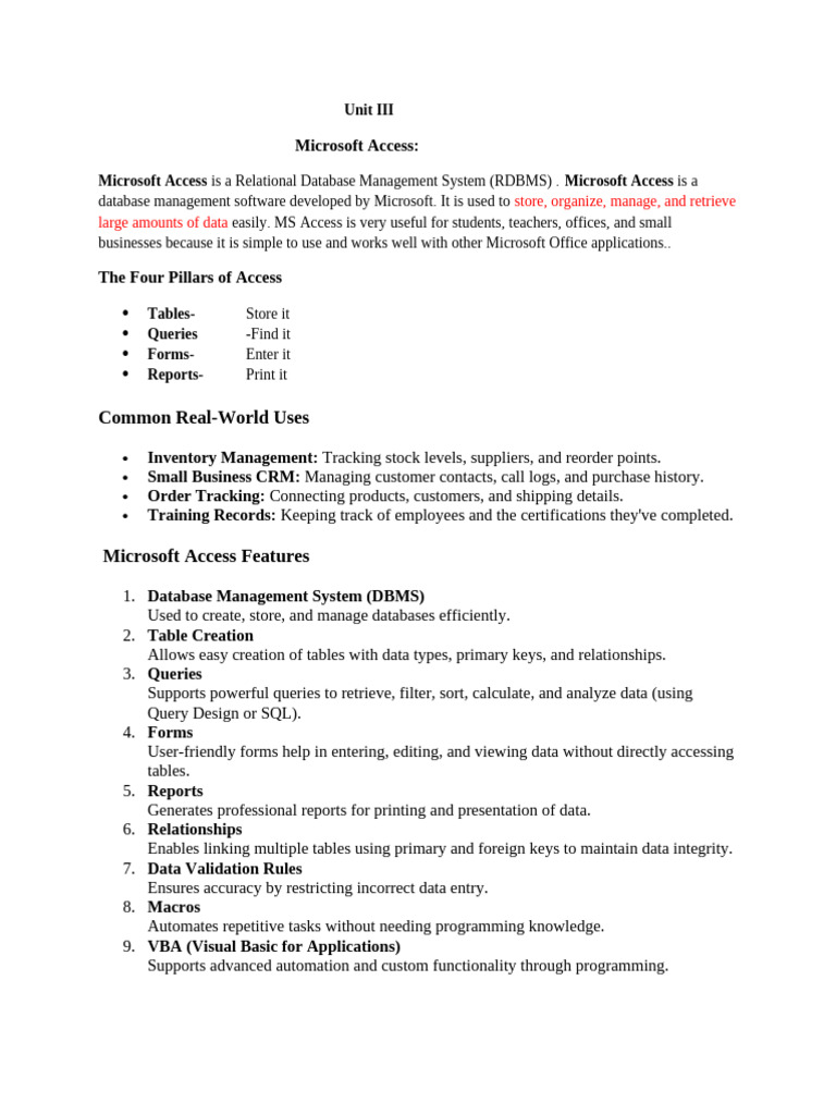 Unit III Microsoft Access | PDF | Microsoft Access | Databases