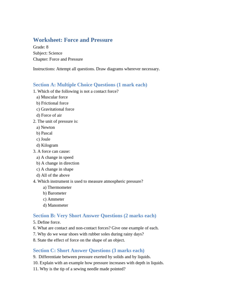 Force and Pressure Grade8 Worksheet | PDF