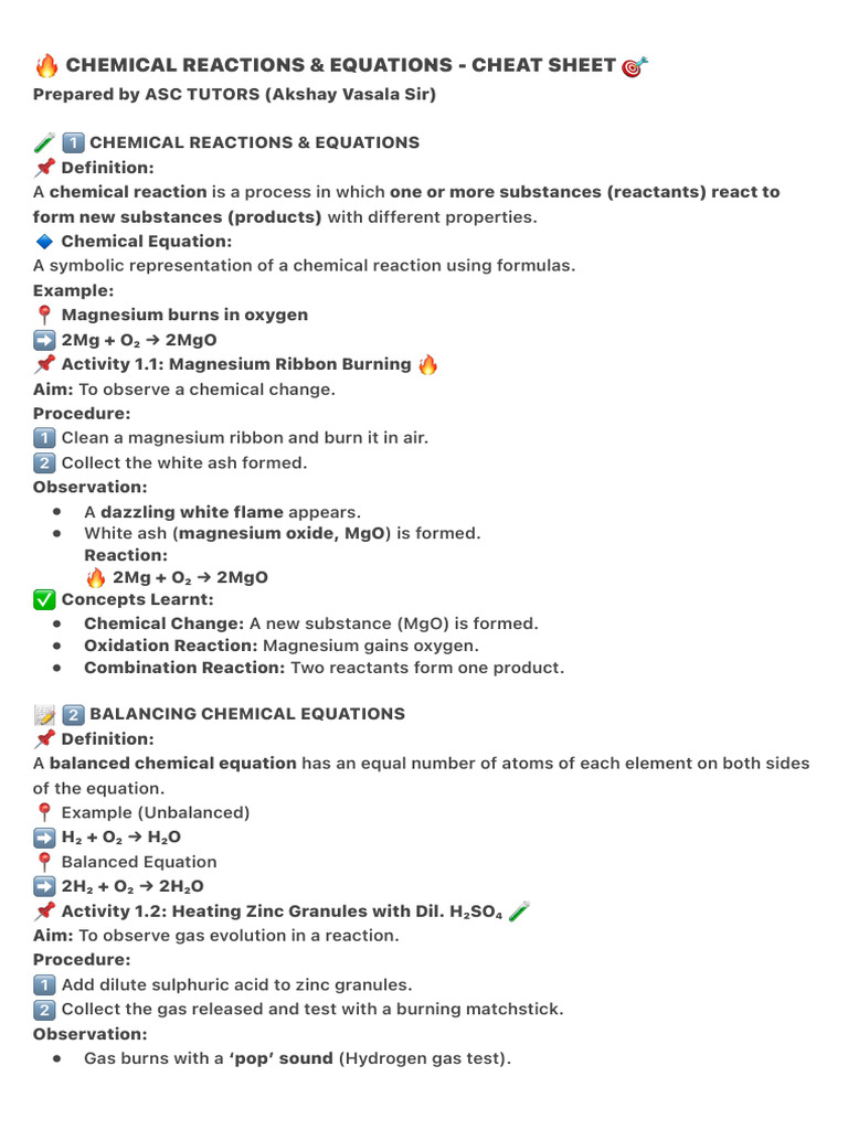 ? Chemical Reactions & Equations - Cheat Sheet ? | PDF | Chemical ...
