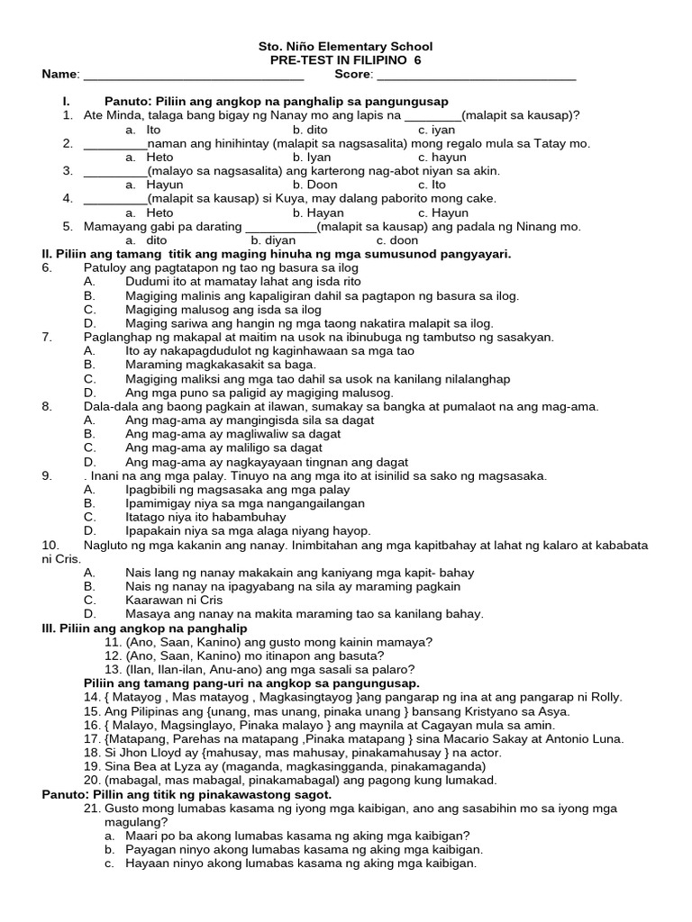 Pre-Test - Filipino 6 | PDF