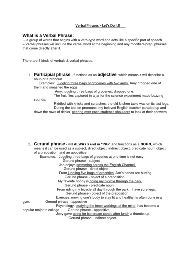 Verbal+Phrases+ +Review+Worksheet | PDF | Verb | Subject (Grammar)