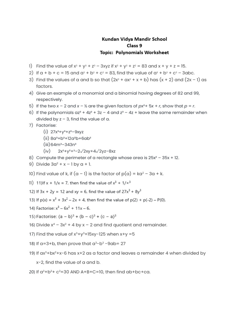 Class 9 Polynomial Worksheet 16.8.24 | PDF