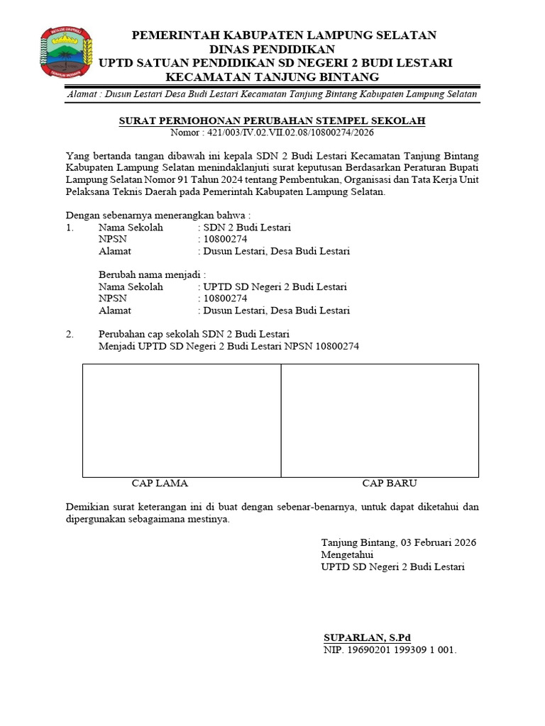 Surat Ket Perubahan Stempel - Cap Sekolah - SDN 2 | PDF