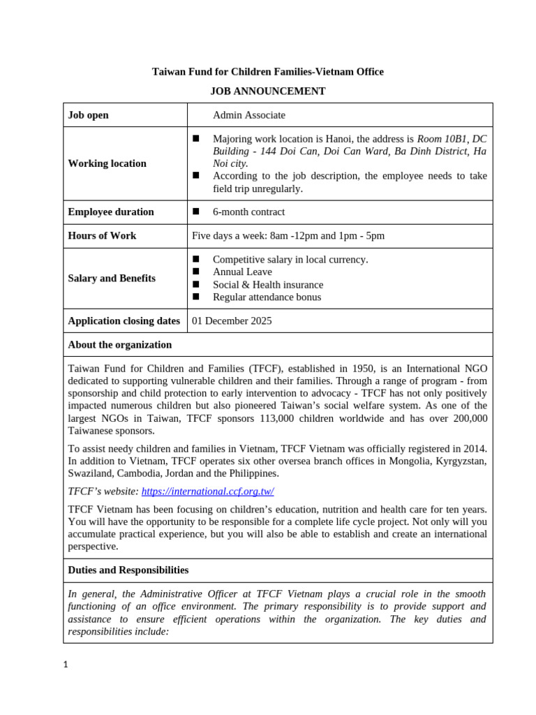 TFCF - Job Announcement - HNO Administrative Officer | PDF | Logistics ...