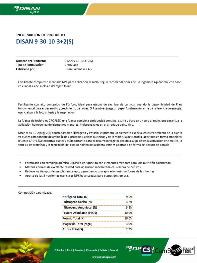 Ficha Técnica - MF Disan 9-30-10-3 2(s) 5 | PDF | Fertilizante | Química