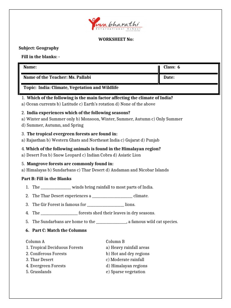 GIDB7963599-Class 6 - WORKSHEET - CH 20 - India, Climate, Vegitation ...