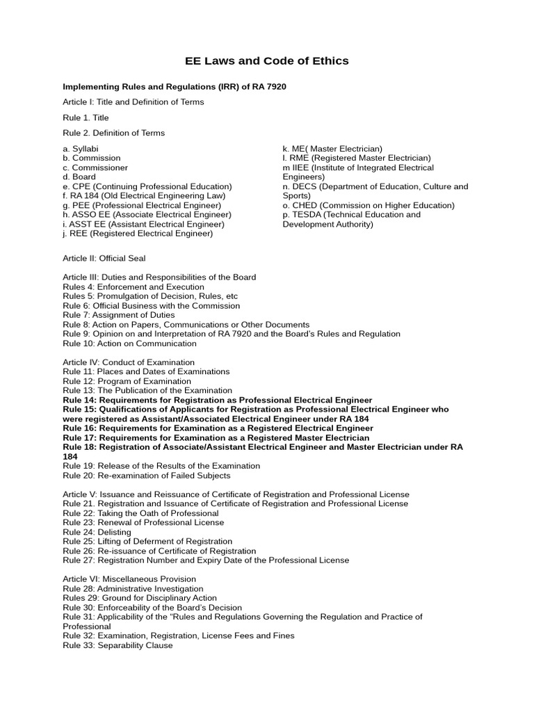 EE Laws and Code of Ethics v.2 1 | PDF | Electrical Grid | Electric ...