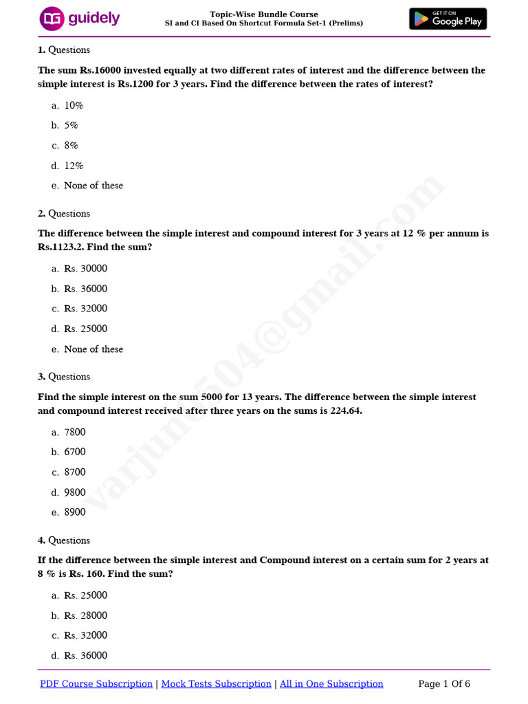 SI and CI Based On Shortcut Formulas Diff Between SI and CI For | PDF ...