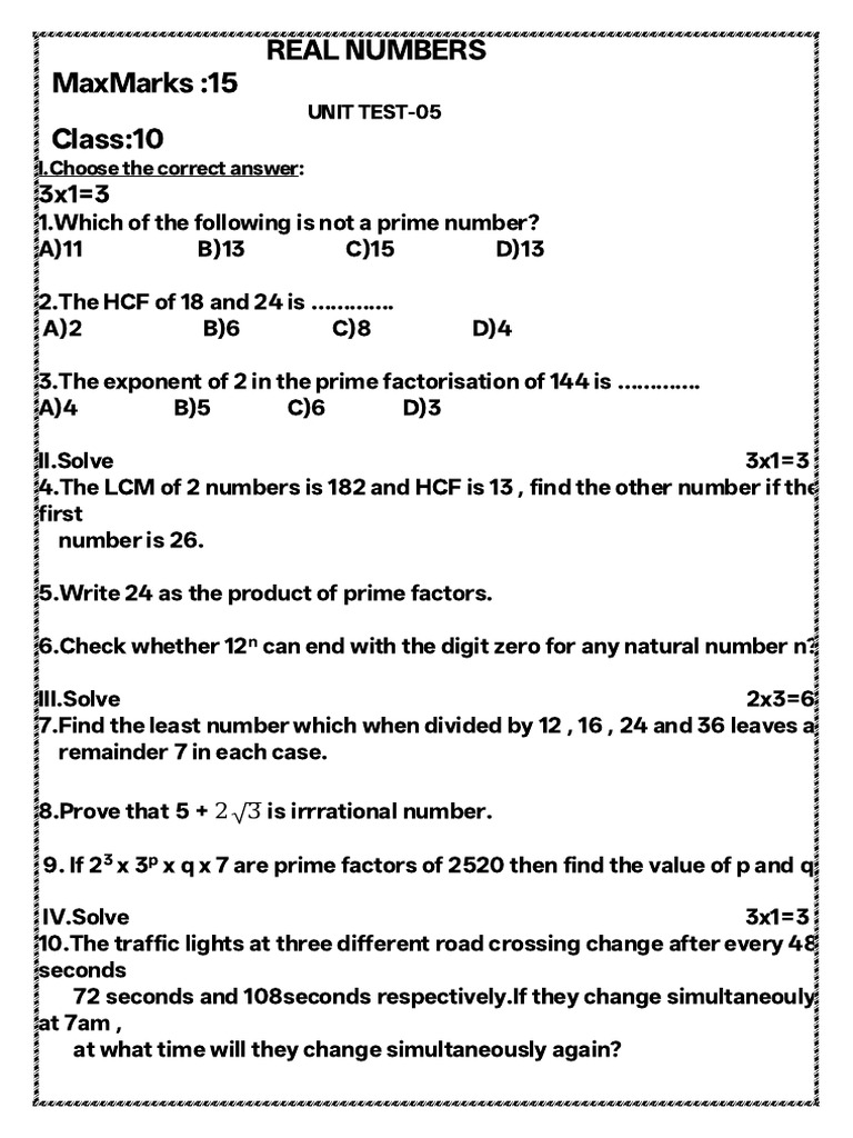 Real Numbers Unit Test 05 | PDF