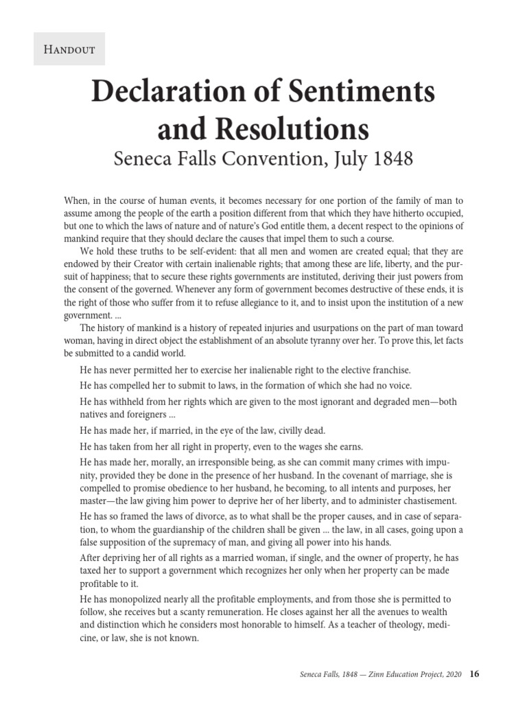 Declaration of Sentiments (Handout 1) | PDF