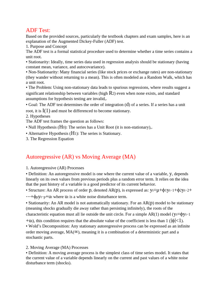 ADF Test Theorical Summarize Note | PDF | Stationary Process ...