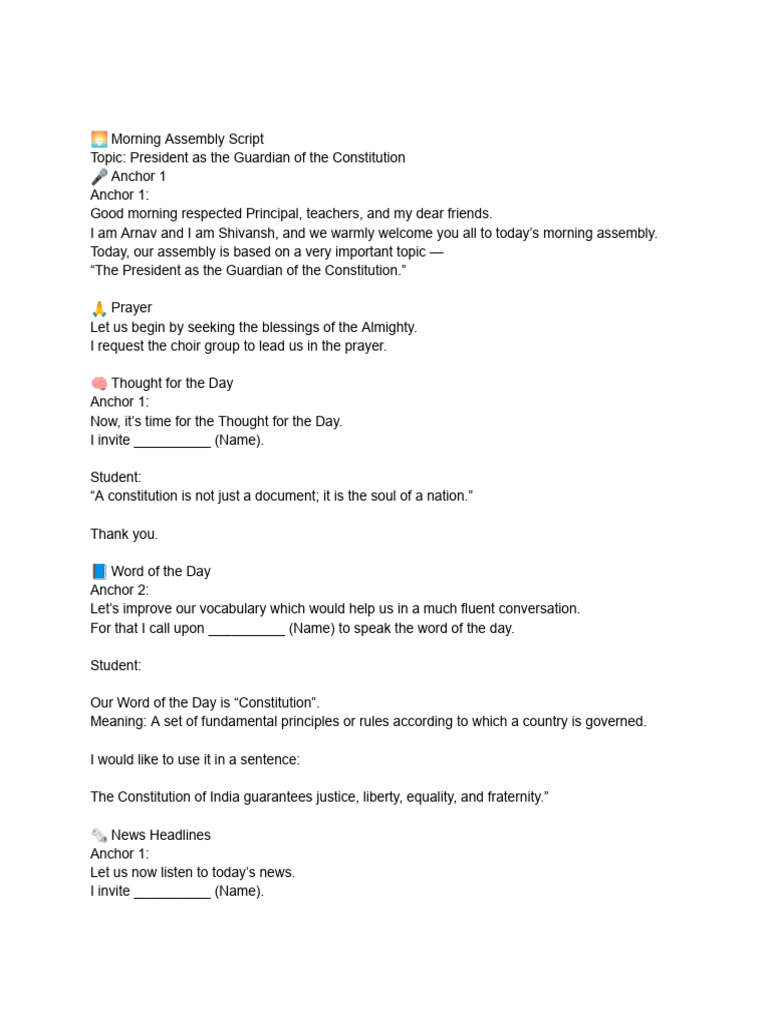 ? Morning Assembly Script | PDF | Government | Justice