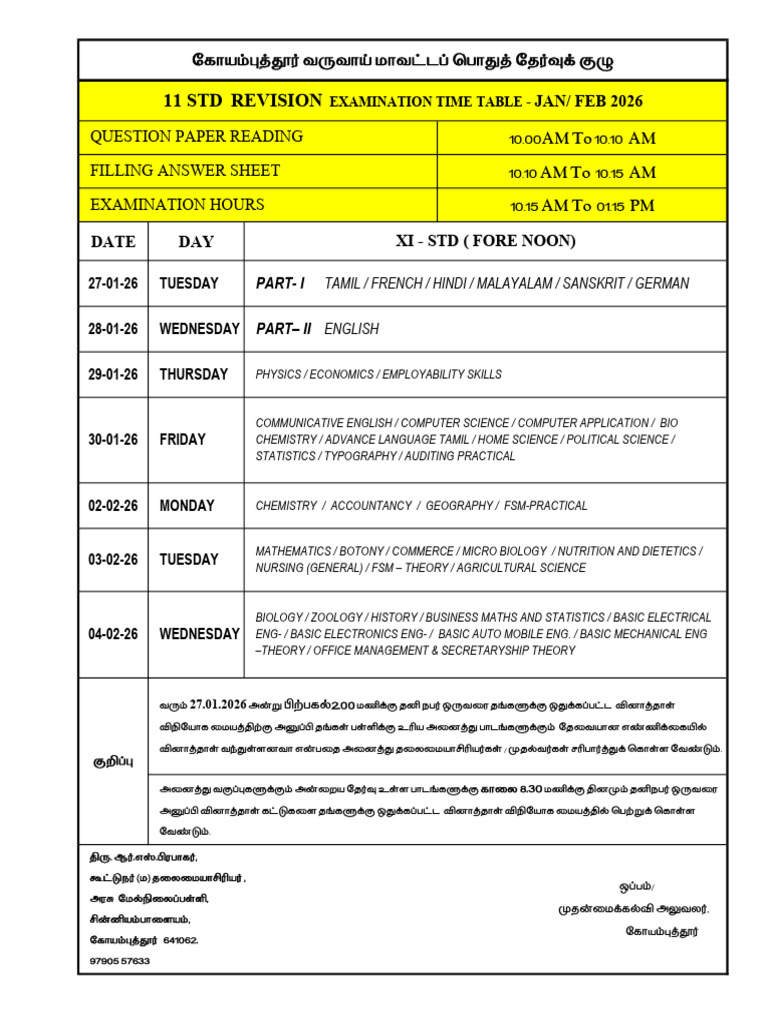 Plus One Time Table _revision Examination | PDF
