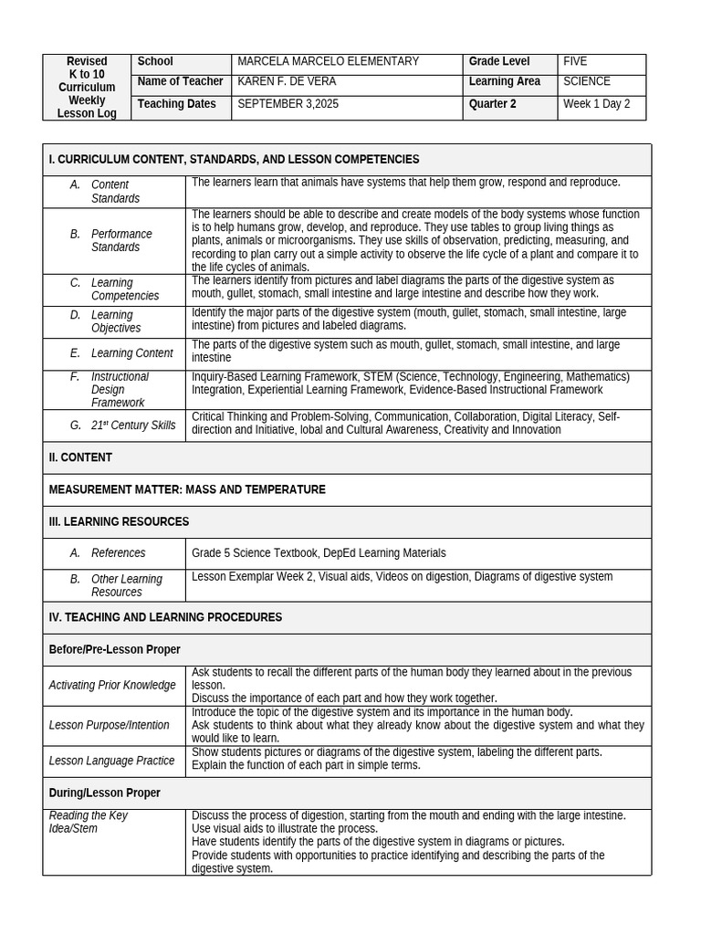 SCIENCE DLP WEEK 1 DAY 2 | PDF | Digestion | Small Intestine