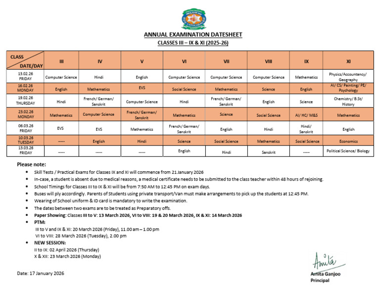Annual Examination Datesheet, 2025-26 | PDF | Science