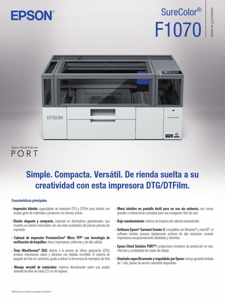 Impresora DTG DTF Epson SureColor F1070 | PDF | Impresora (Computación)