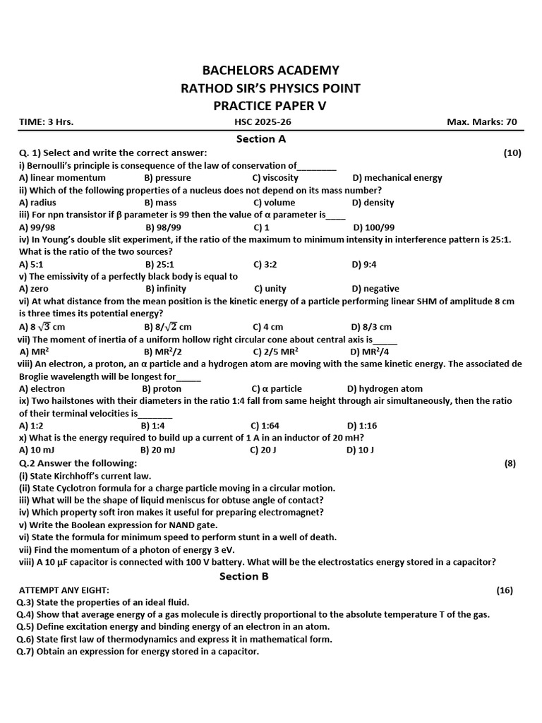 Physics Practice Paper V 2025-26 | PDF | Atoms | Electron