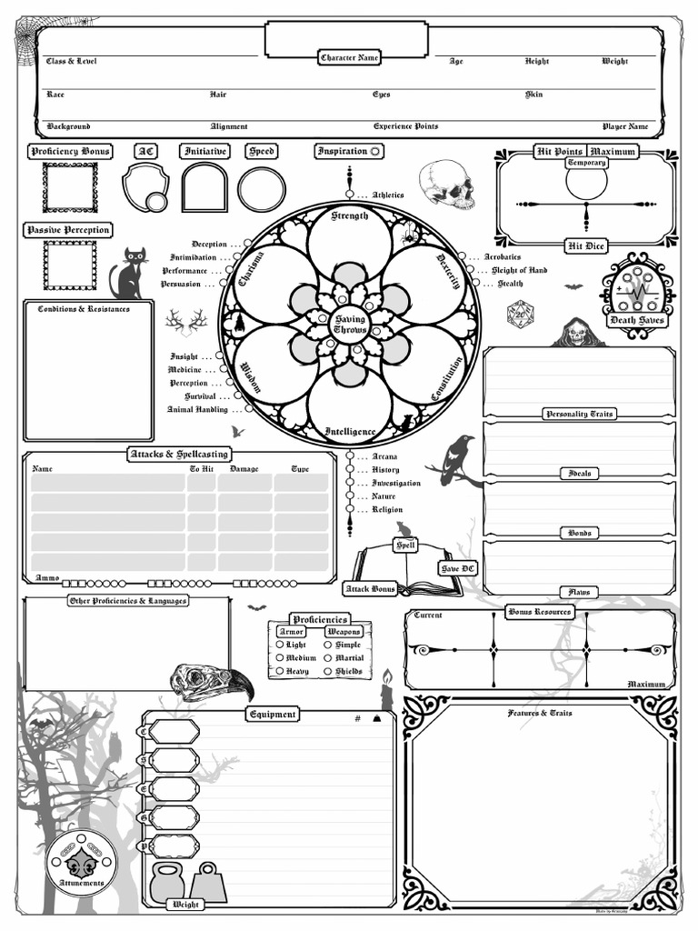 5E Gothic Character Sheet + Spell Sheet + Extra Sheet | PDF
