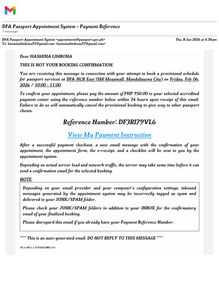 Gmail - DFA Passport Appointment System - Payment Reference H | PDF