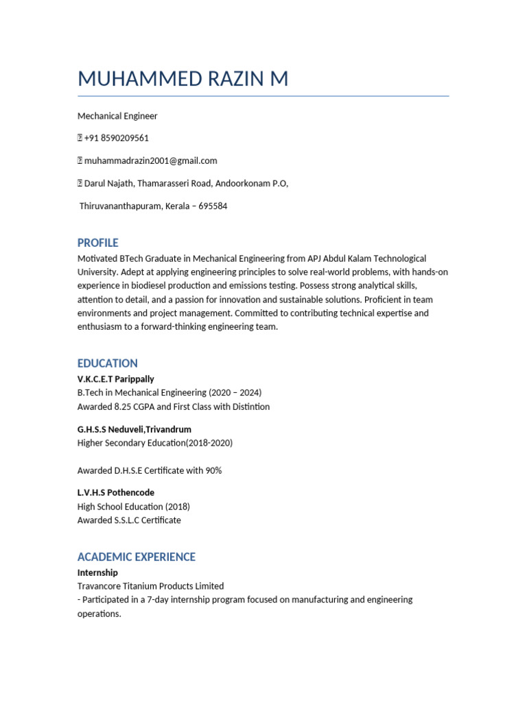 Muhammed Razin M CV | PDF