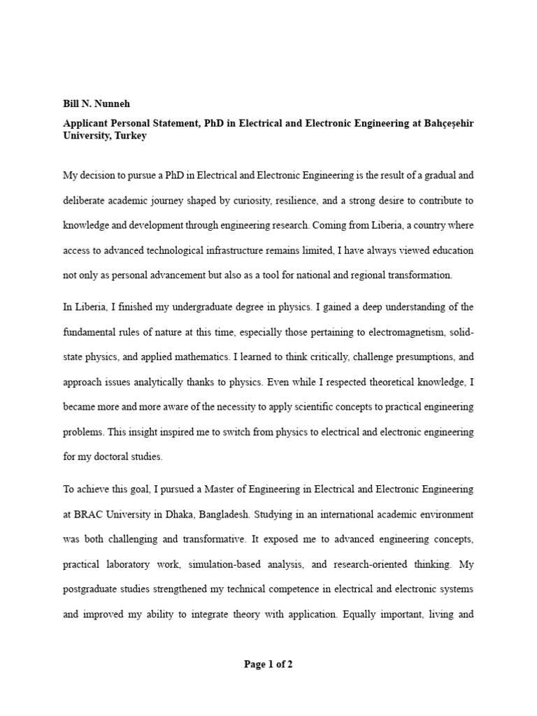 Bill Nunneh Personal Statement | PDF | Engineering | Physics