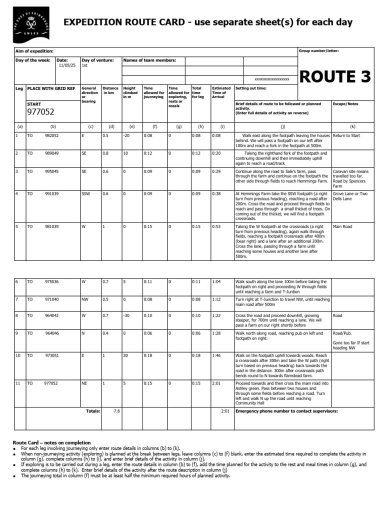 Example of a completed route card | PDF | Adventure Travel
