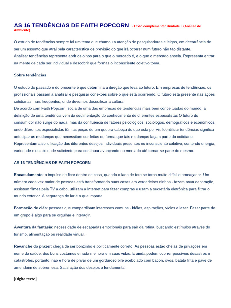 As 16 Tendências de Faith Popcorn | PDF | Mercado (economia) | Marketing