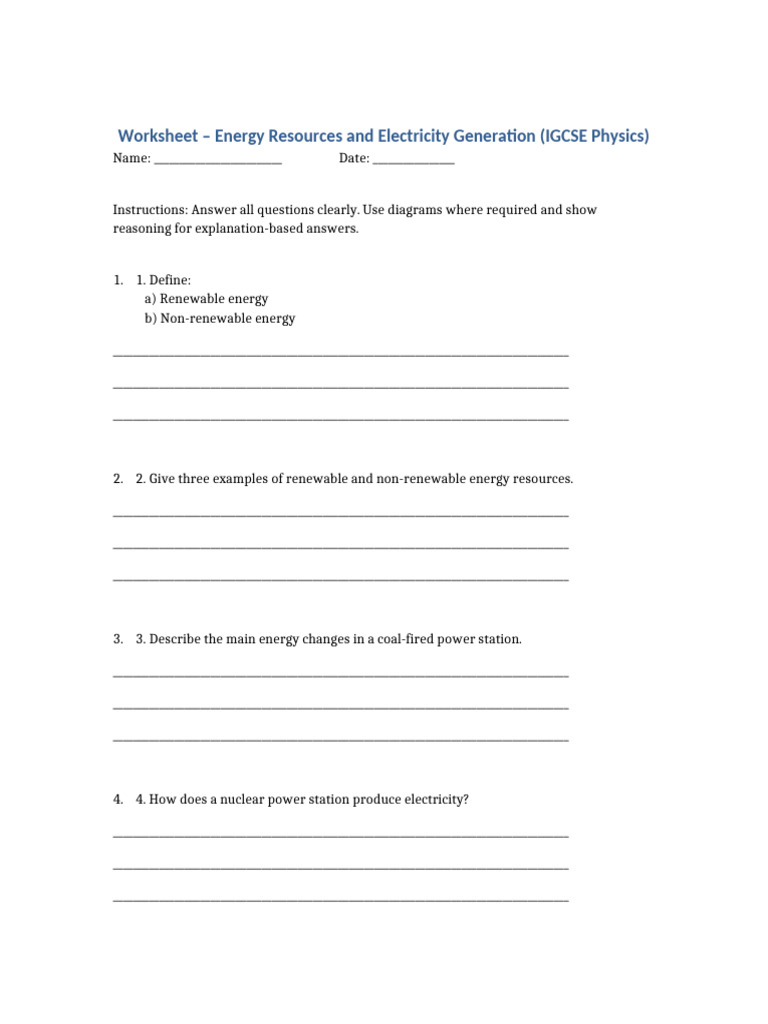 IGCSE Physics Worksheet Chapter17 Energy Resources REVISED | PDF ...