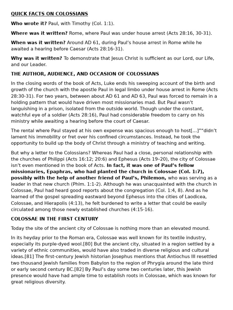 Quick Facts On Colossians | PDF | Acts Of The Apostles | Epistle To The ...