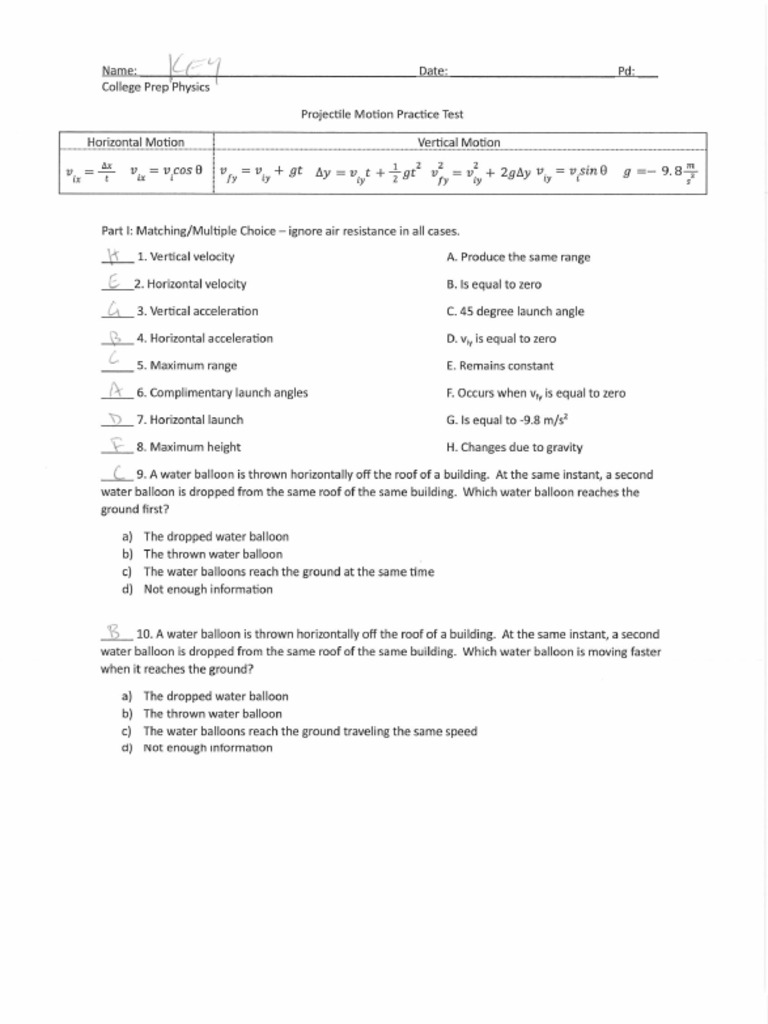Projectile Motion Practice Test Key | PDF