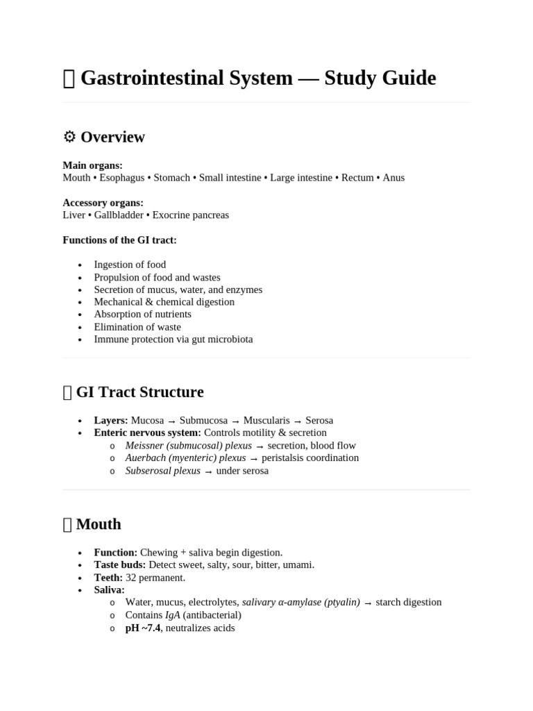 GI System Structure and Alteration Summary Notes | PDF | Digestion ...