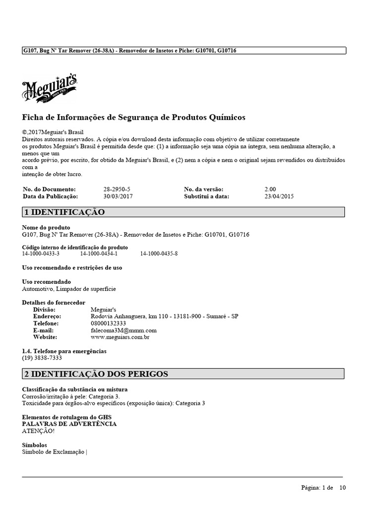 FDS g10716 Removedor de Insetos e Piche | PDF | Desperdício | Solvente