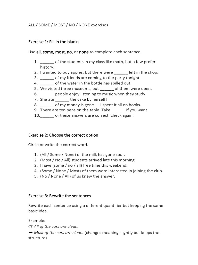 All Some Most No None Exercises | PDF