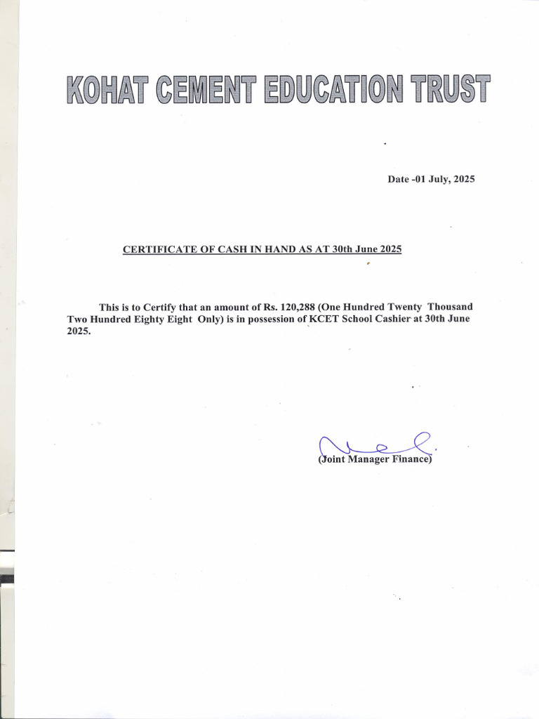 Certificate of Cash in Hand | PDF