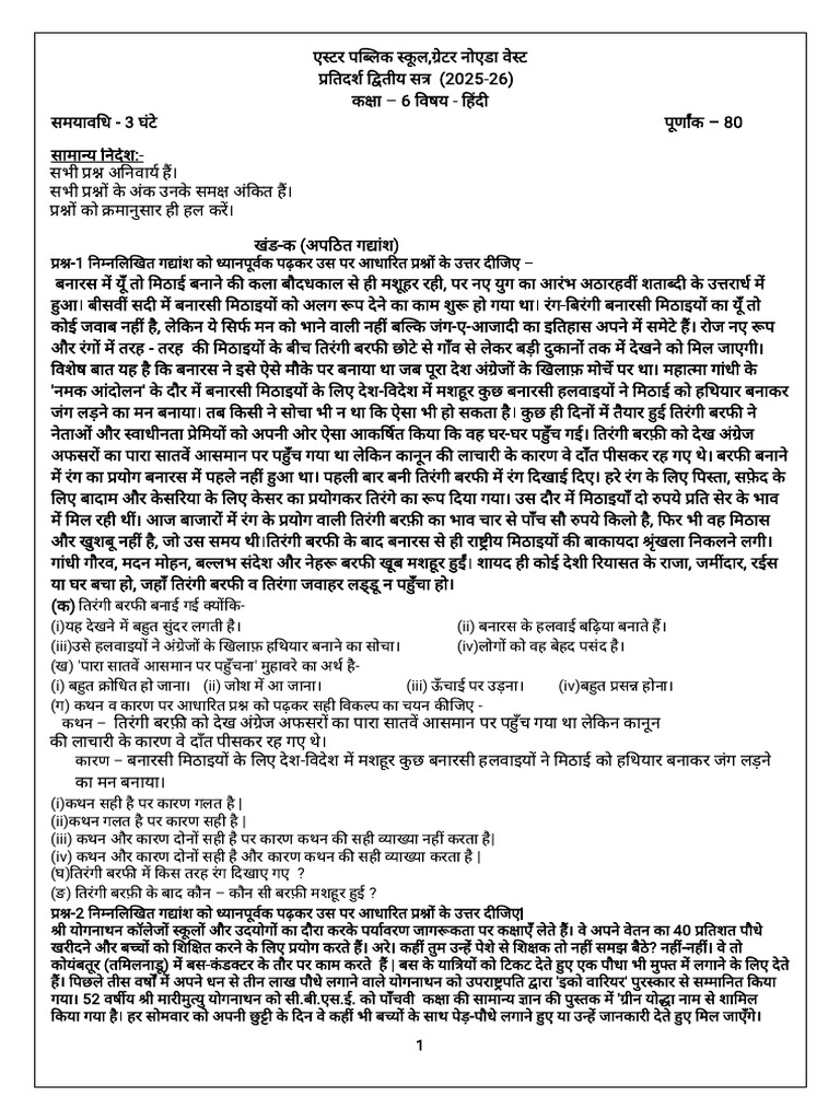 Hindi Class 6 Sample Paper | PDF
