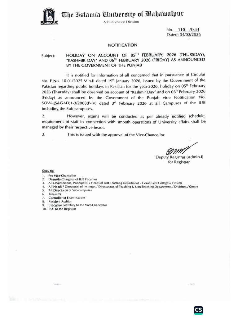 Holiday On Account of 05th February, 2026 (Thursday), Kashmir Day and ...