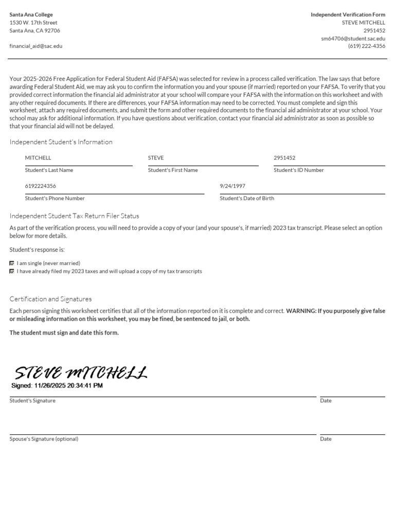 2025-2026 Independent Verification Web Form | PDF