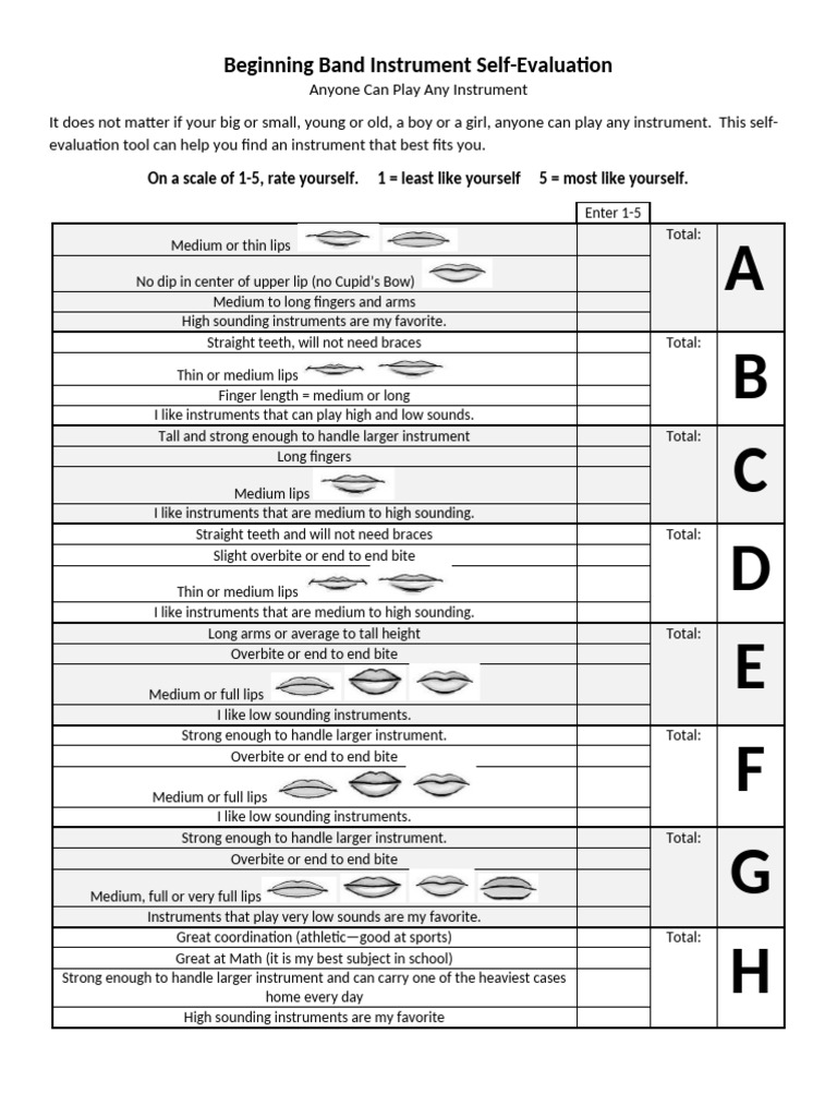 A B C D E F G H: Beginning Band Instrument Self-Evaluation | PDF ...